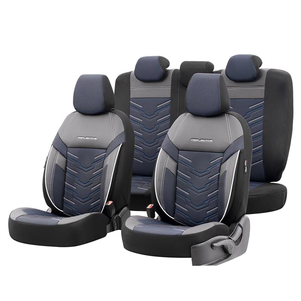 Premium Jacquard Leather Car Seat Covers Reflect Line - Black Blue For ...